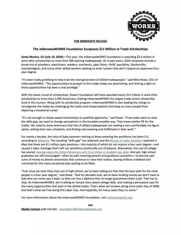 mikeroweWORKS is About to Award $2.4M in Work Ethic Scholarships – Mike ...
